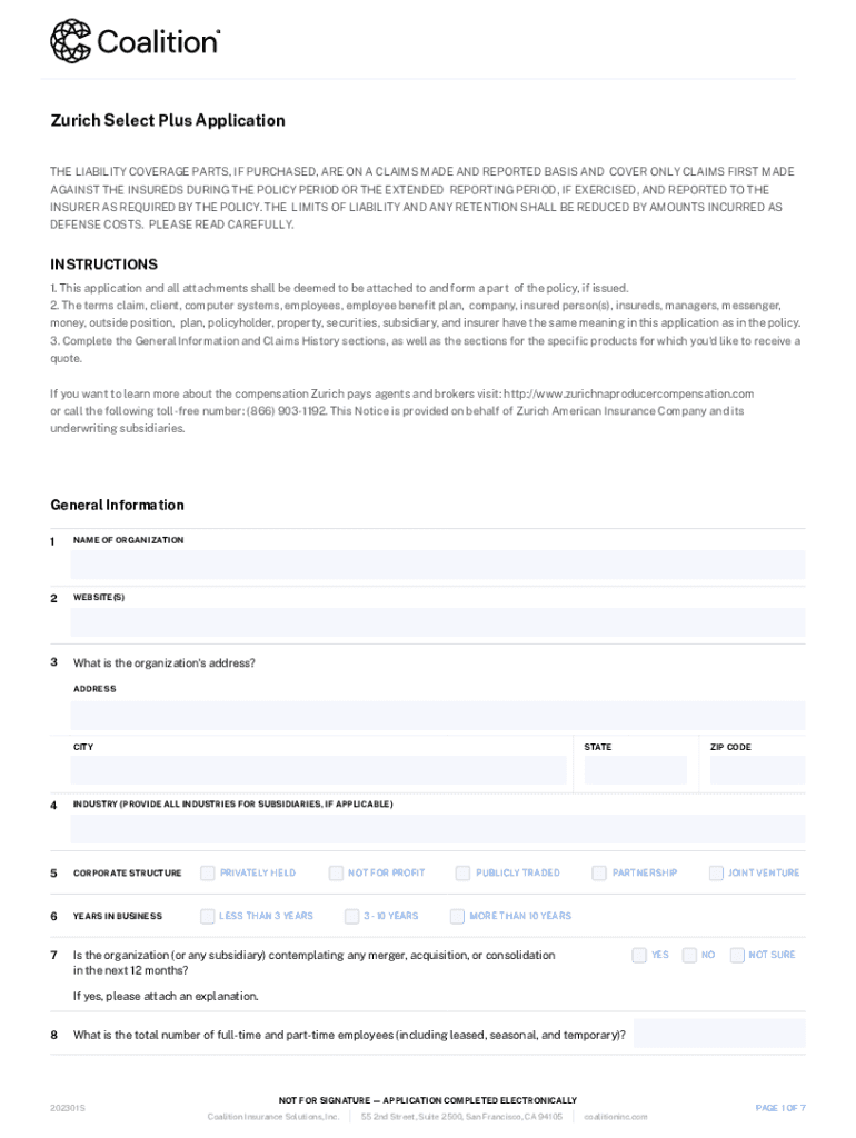 Fillable Online Zurich Select Plus Application Fax Email Print - pdfFiller