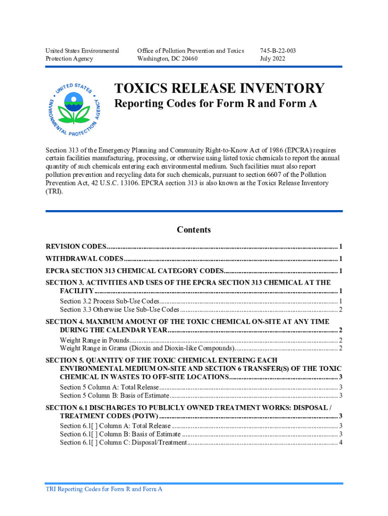 Fillable Online TOXICS RELEASE INVENTORY - Reporting Codes for Form R ...