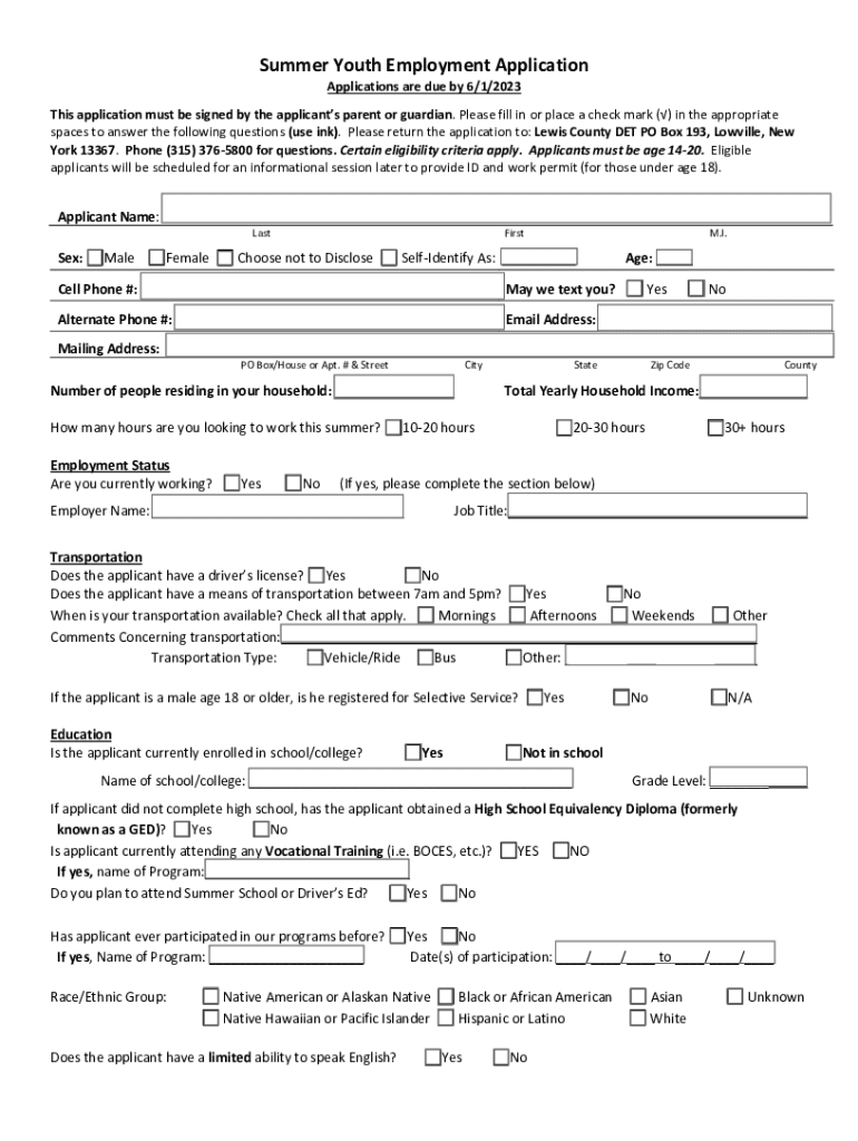 Fillable Online Summer Youth Employment Application Fax Email Print ...
