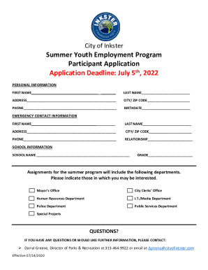 Fillable Online Summer Youth Employment Program Participant Application ...