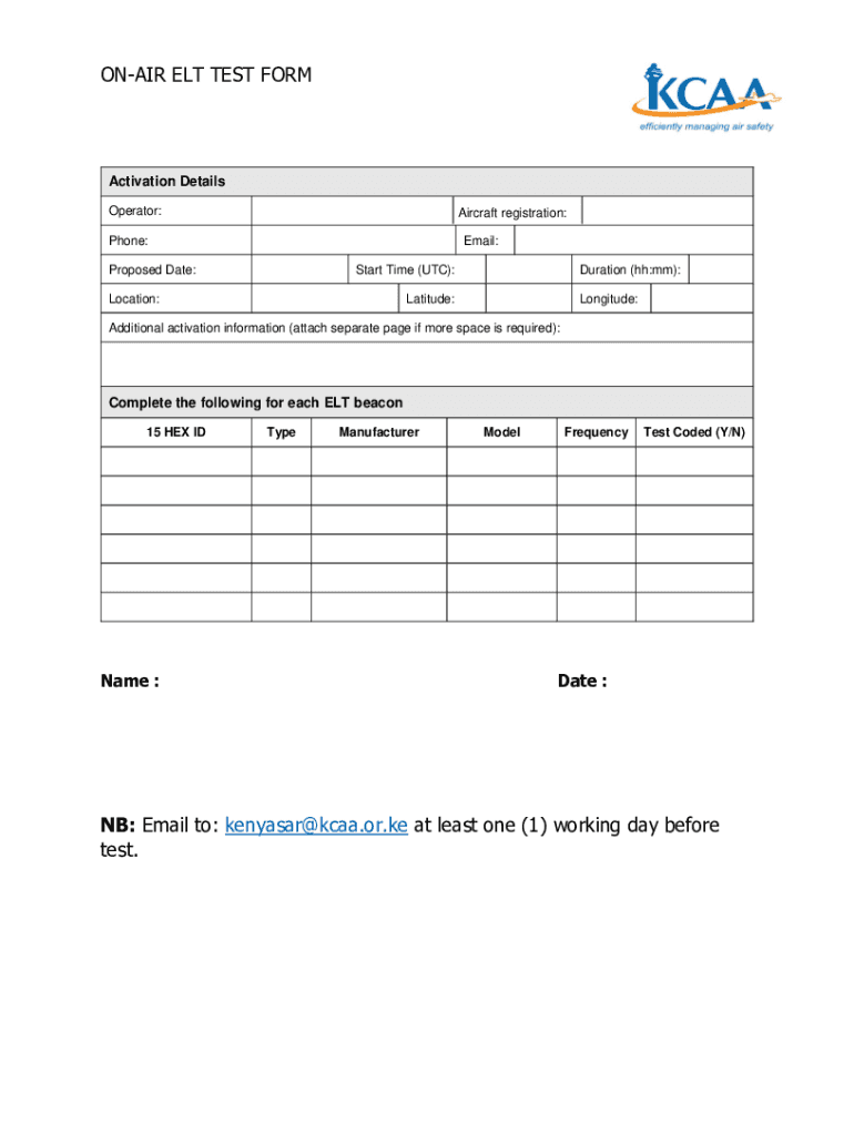 Fillable Online ON-AIR ELT TEST FORM NB: Email to: kenyasarkcaa.or.ke ...