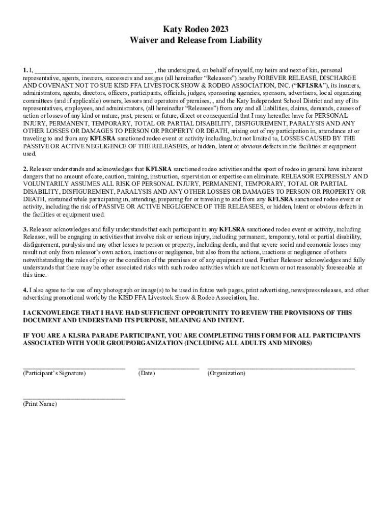 Fillable Online Katy Rodeo 2023 Waiver and Release from Liability Fax ...