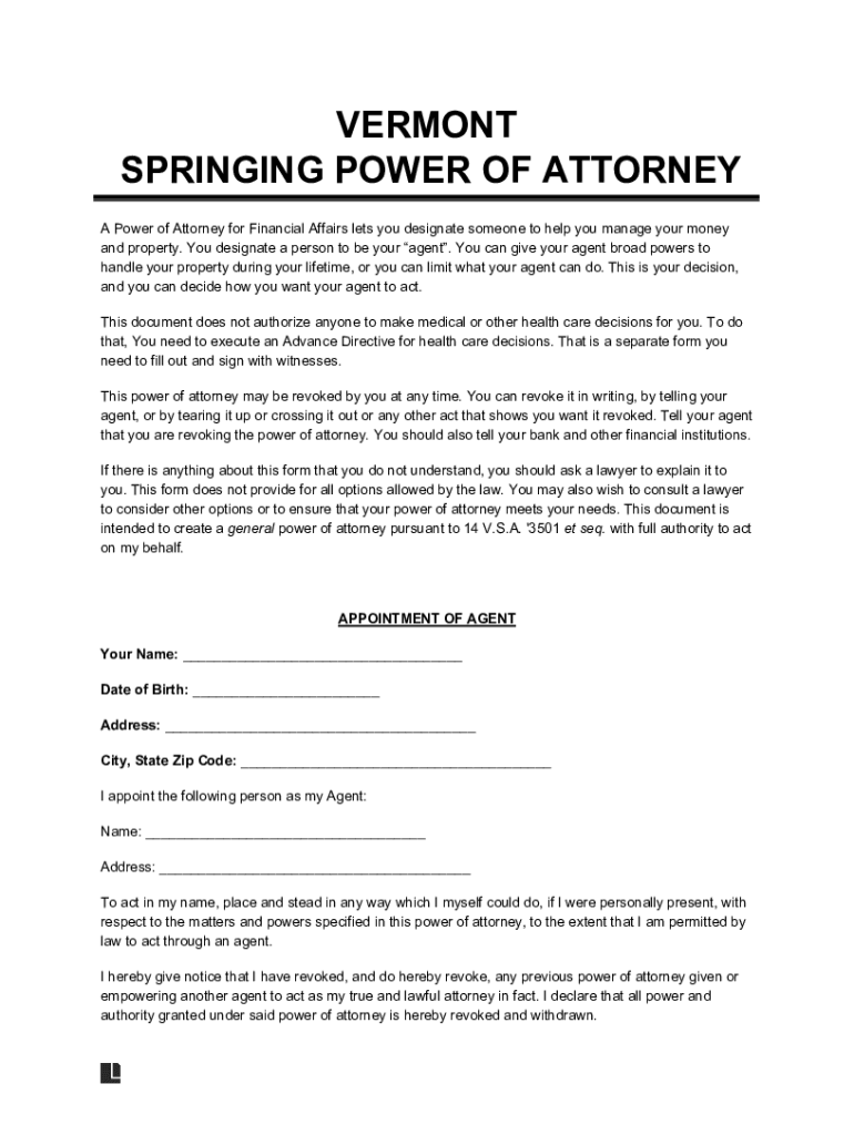 Fillable Online Free Vermont Power of Attorney Forms (9 Types) - PDF ...