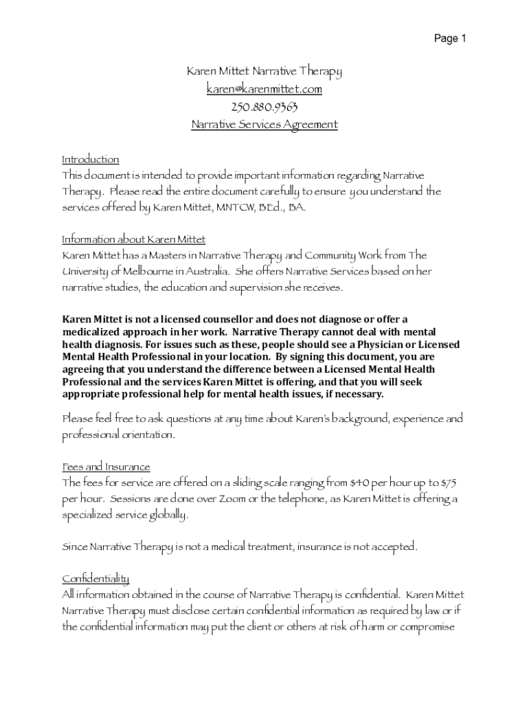 Fillable Online PDF Narrative Therapy Agreement Fax Email Print - pdfFiller
