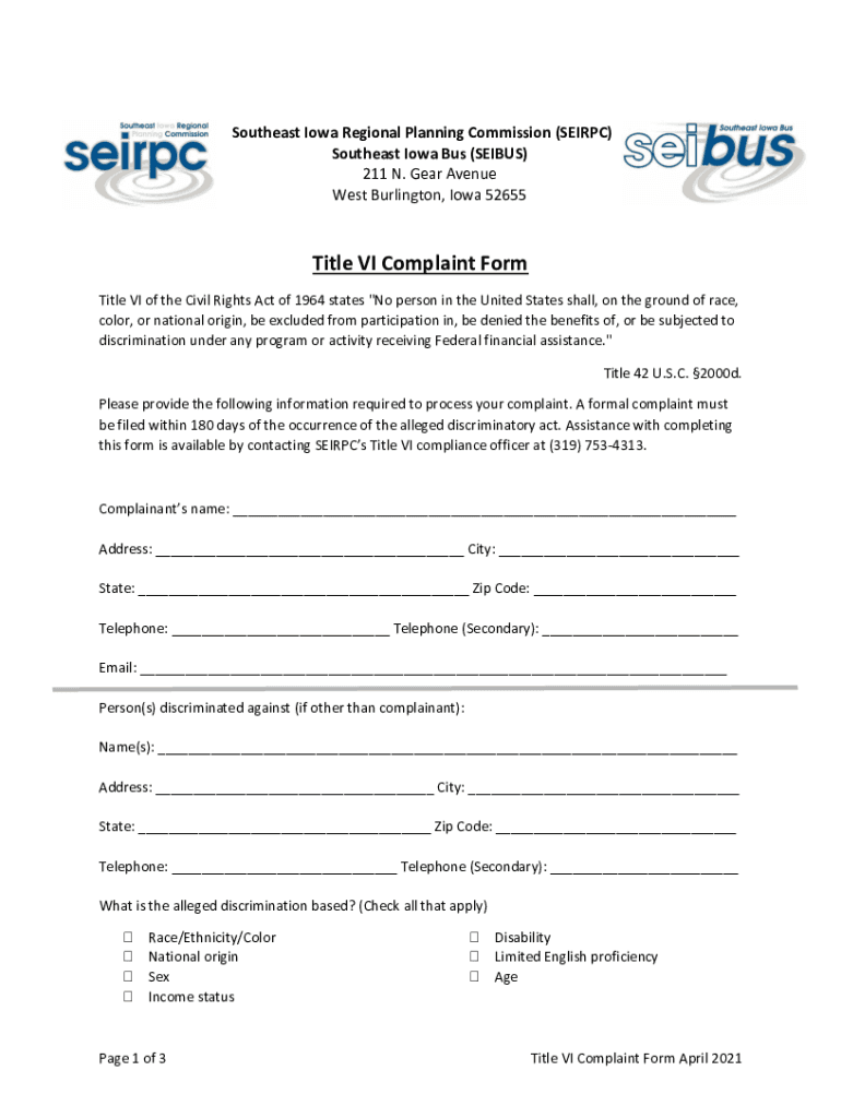 Fillable Online How to File a Title VI Discrimination Complaint with SRTS Fax Email Print ...