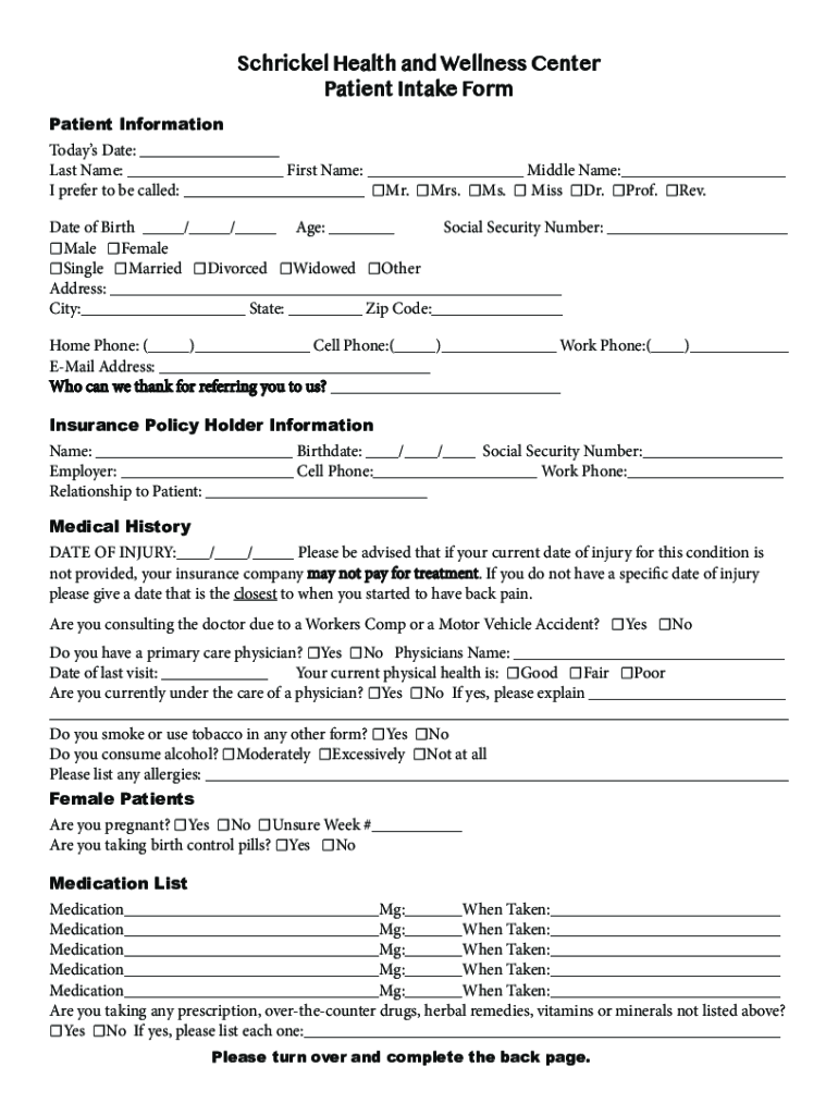 Fillable Online Schrickel Health and Wellness Center Patient Intake ...
