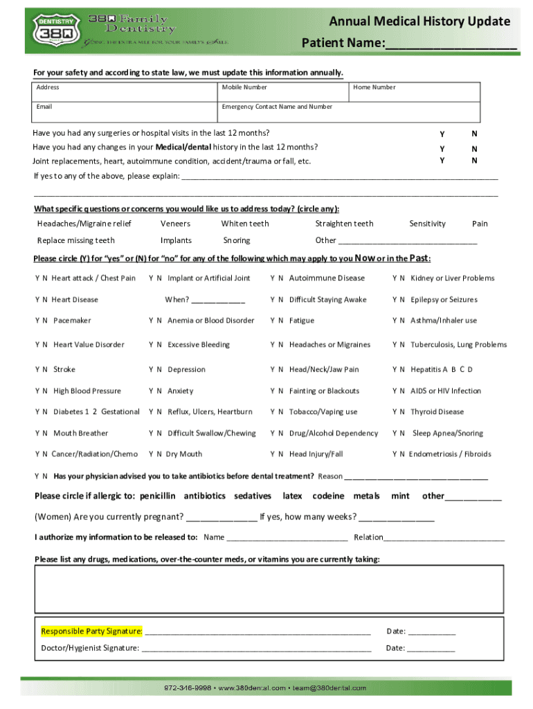Fillable Online Annual Medical History Update - Patient Name Fax Email ...