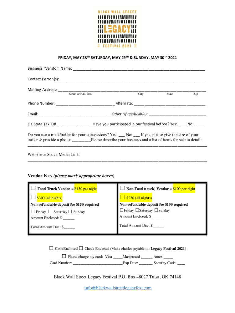 Fillable Online Vendor Fees (please mark appropriate boxes) Black Wall ...