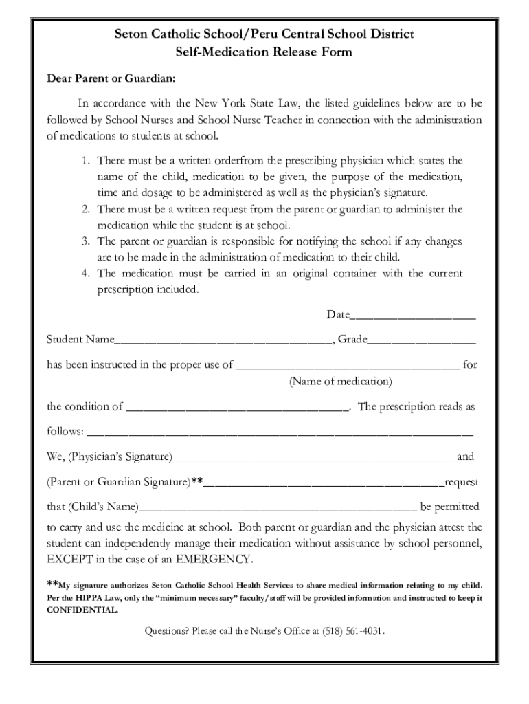 Fillable Online Peru Central School District Self-Medication Release ...