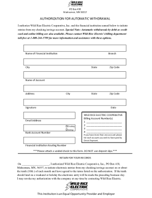 Fillable Online AUTHORIZATION FOR AUTOMATIC WITHDRAWAL Fax Email Print - pdfFiller