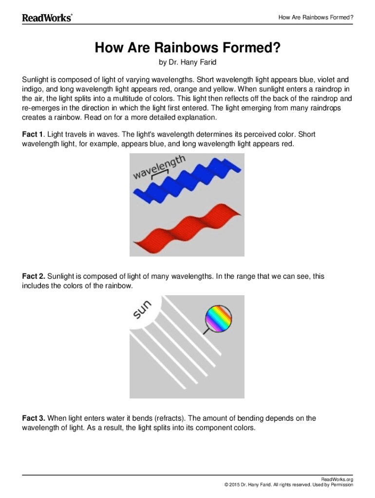 Fillable Online How Are Rainbows Formed?, Sixth Grade Reading Passage ...