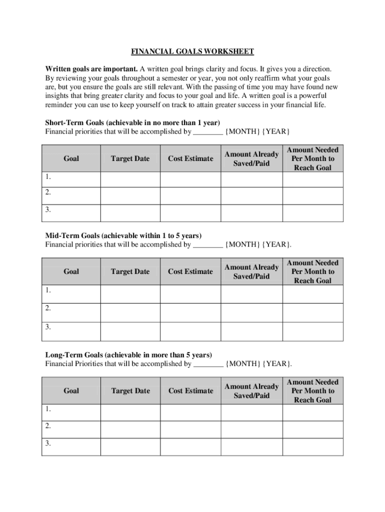 Fillable Online financial goals worksheet Fax Email Print - pdfFiller