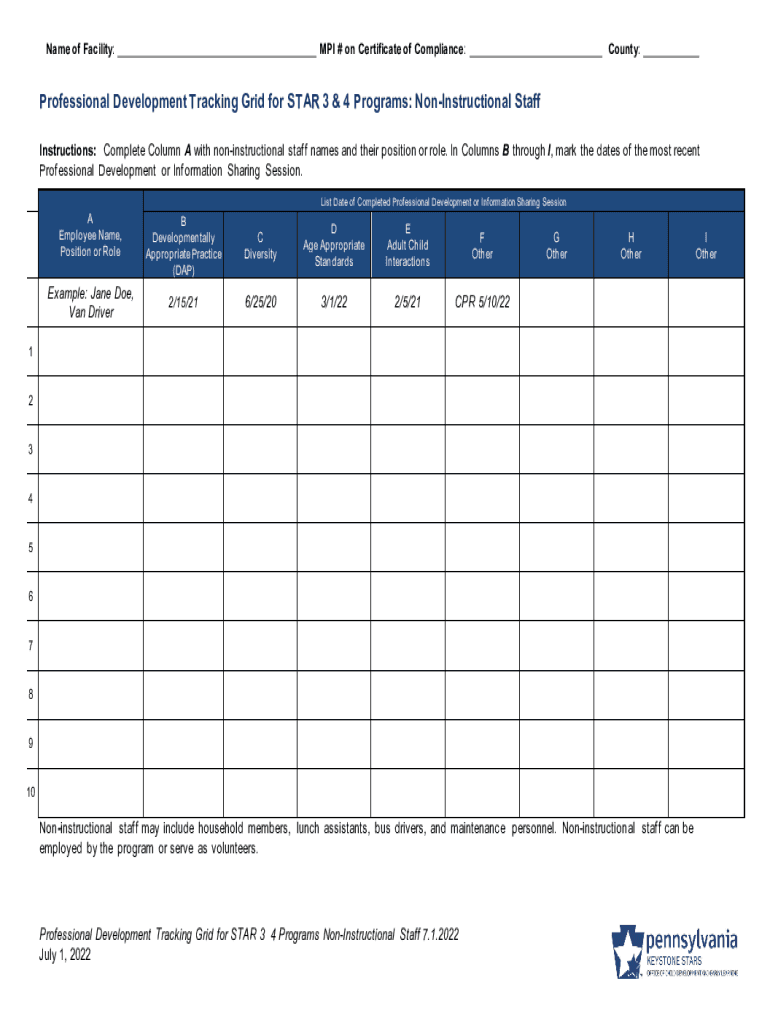 Fillable Online Professional Development Tracking Grid for STAR 3 & 4 ...