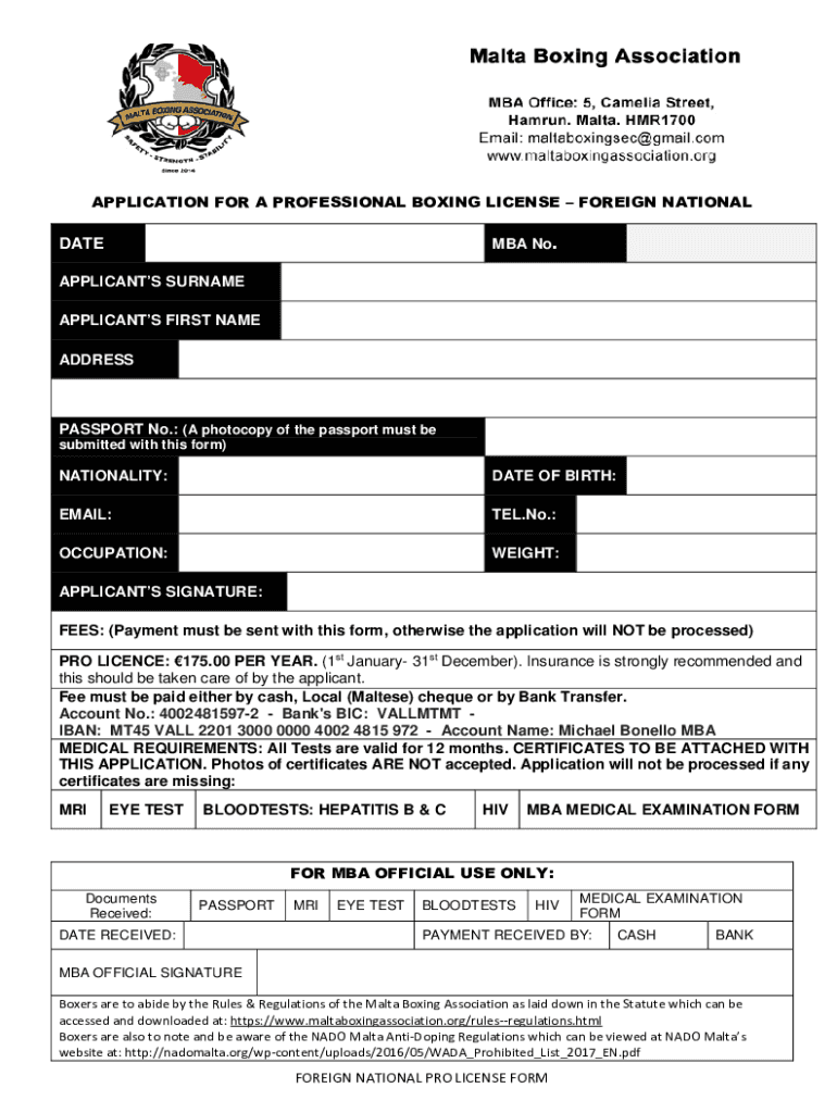 Fillable Online FOREIGN NATIONAL PRO LICENSE FORM APPLICATION ... Fax ...