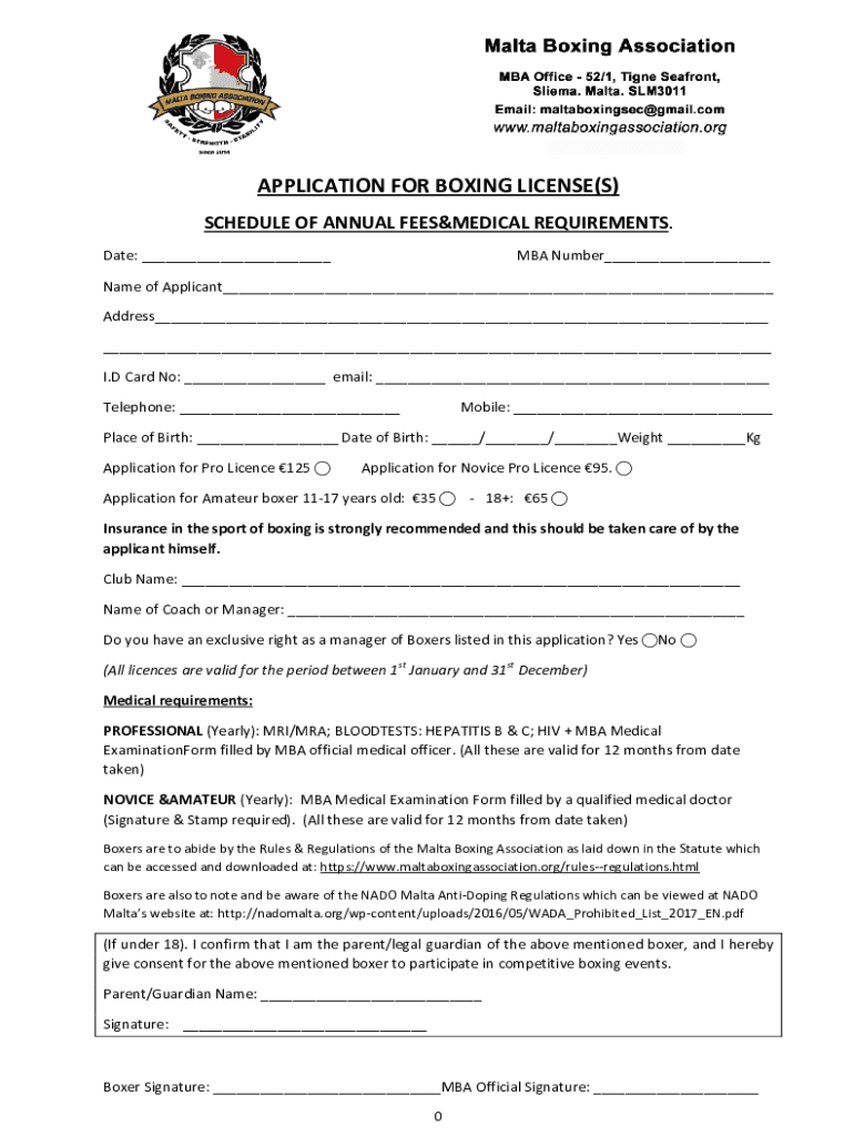 Fillable Online APPLICATION FOR BOXER LICENSE 2018 Fax Email Print ...
