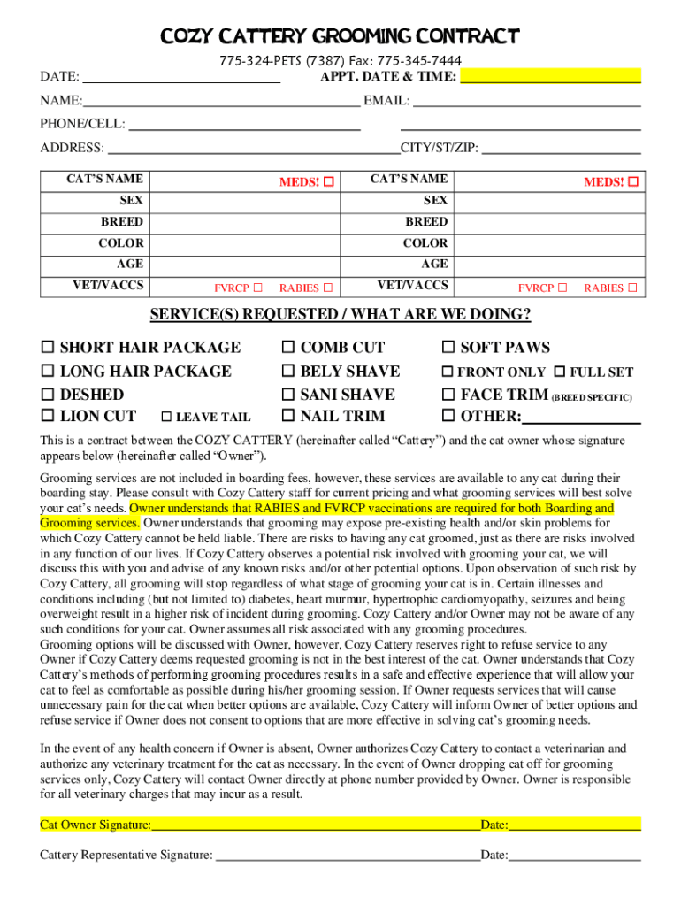 Fillable Online COZY CATTERY GROOMING CONTRACT Fax Email Print - pdfFiller