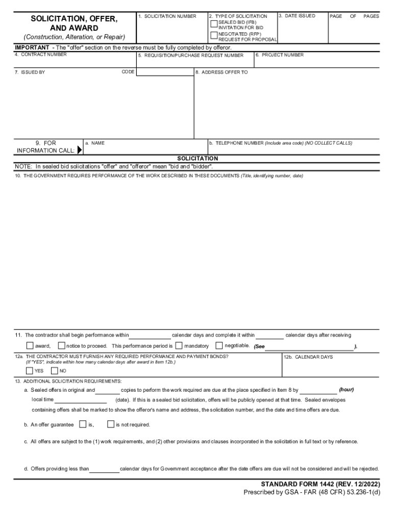Fillable Online Standard Form 1442 - Solicitation, Offer, and Award ...