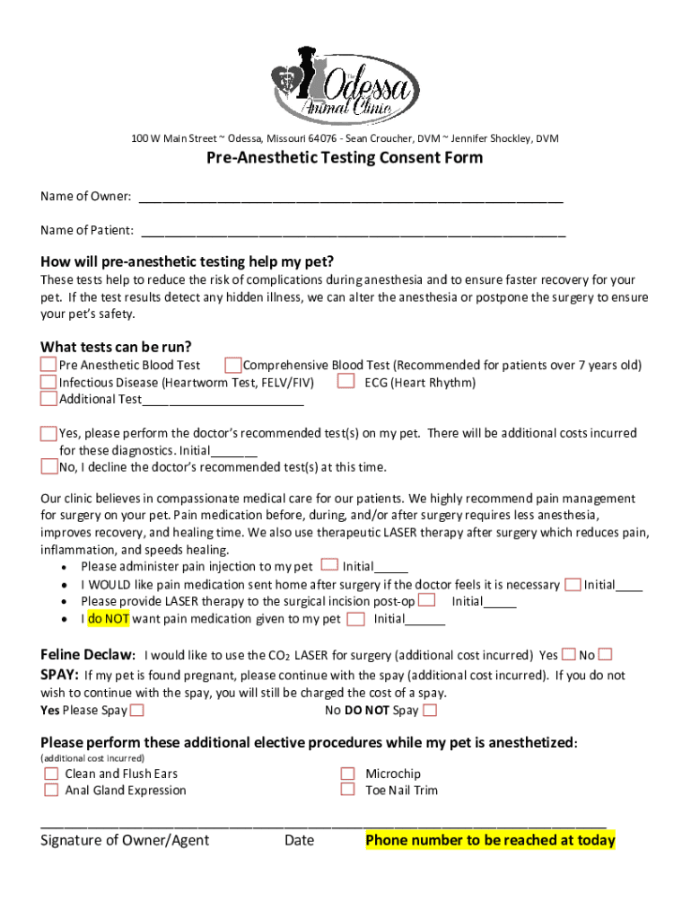 Fillable Online Pre-Anesthetic Testing Consent Form Fax Email Print ...