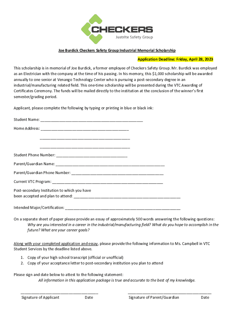 Fillable Online Joe Burdick Checkers Safety Group Industrial Memorial ...