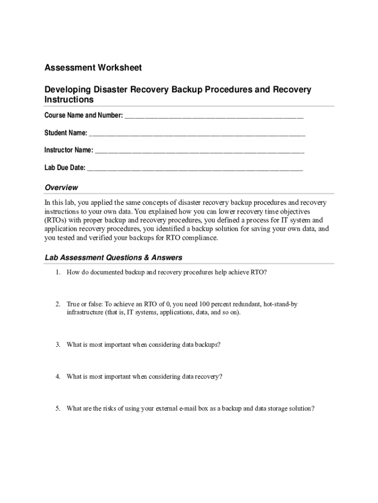 Fillable Online Assessment Worksheet Developing Disaster Recovery ...