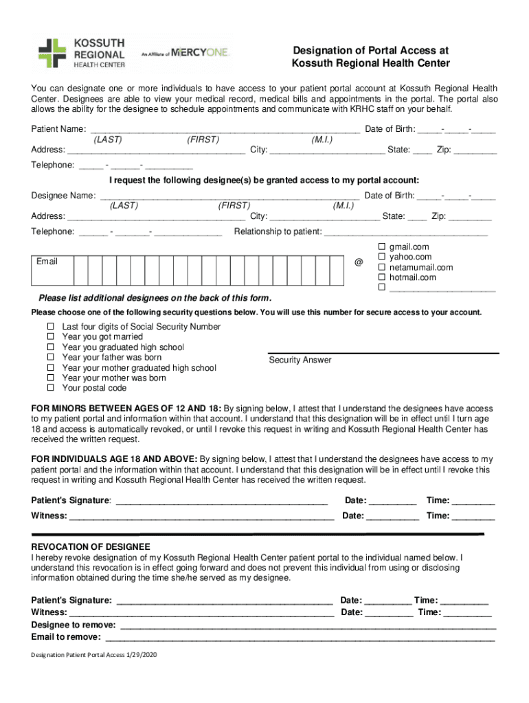 Fillable Online Designation of Portal Access at Kossuth Regional Health ...