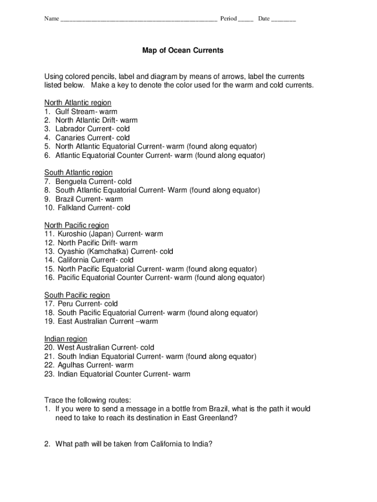 Fillable Online Map of Ocean Currents Using colored pencils, label and ...