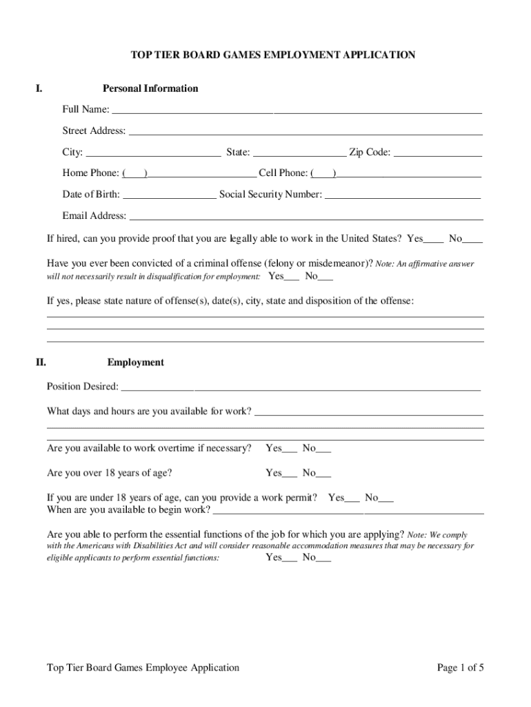 Fillable Online Top Tier Board Games Employee Application Page 1 of 5 ...