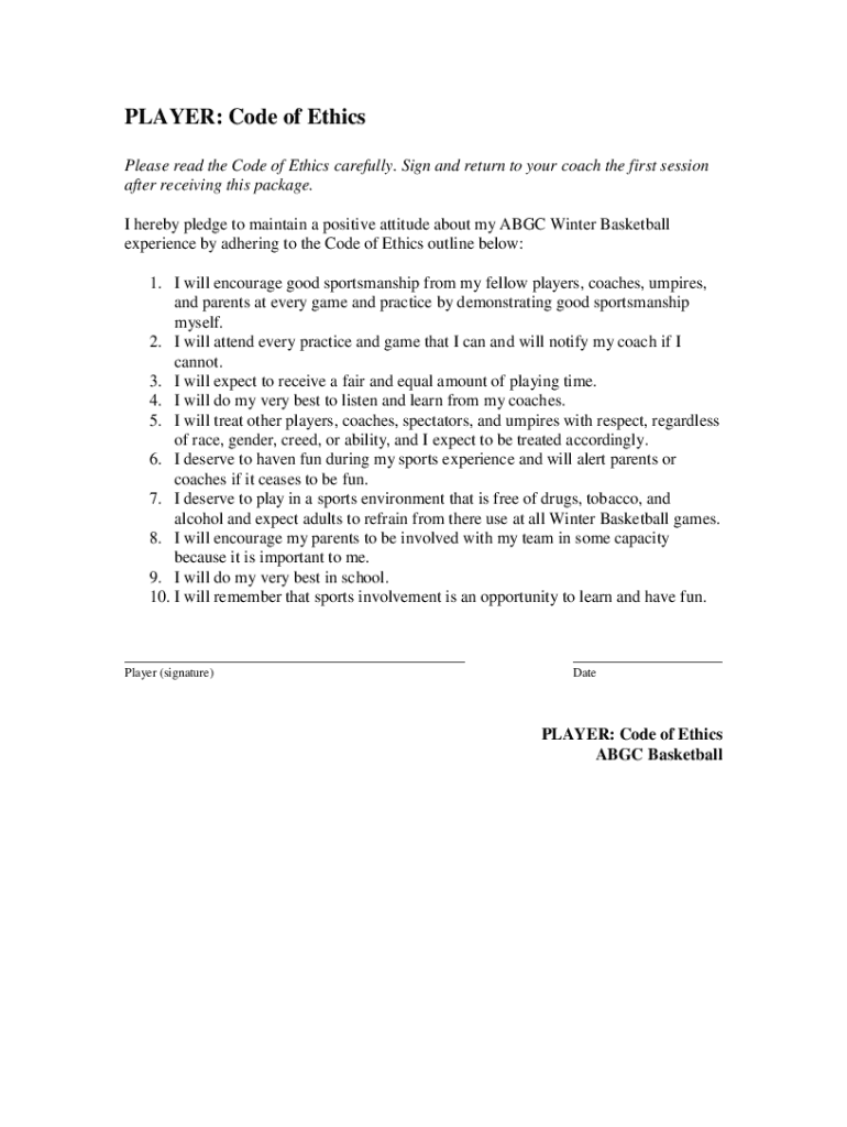 Fillable Online PLAYERS CODE OF ETHICS I hereby pledge to be ... Fax ...