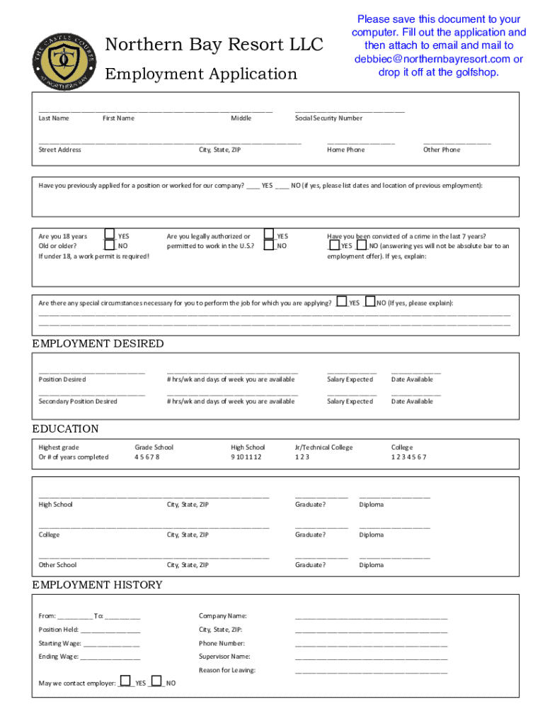 Fillable Online Northern Bay Resort Employment Application. Northern ...