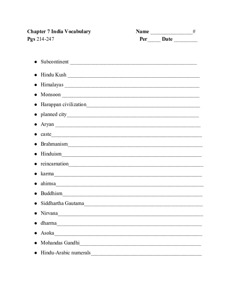 Fillable Online Ch.7 Lesson 1 India Vocabulary Words Flashcards Fax ...