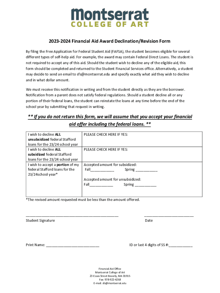 Fillable Online 2023-2024 Financial Aid Award Declination/Revision Form ...