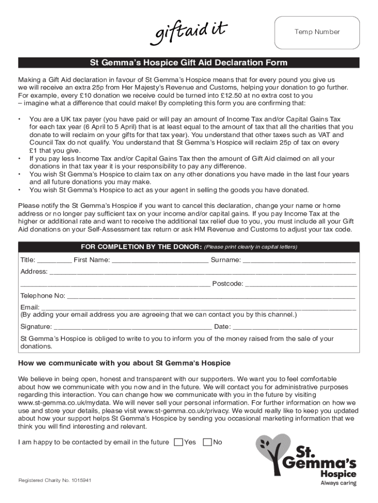 Fillable Online St Gemma's Hospice Gift Aid Declaration Form Fax Email ...