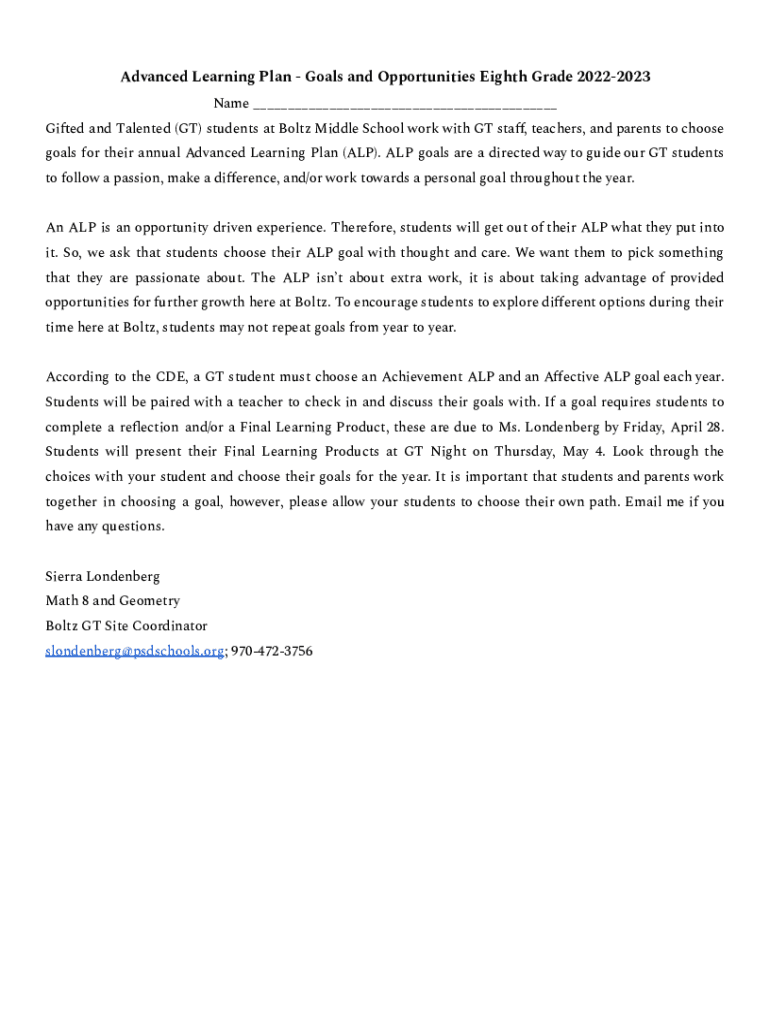 Fillable Online bol psdschools Advanced Learning Plans and SMART Goals ...