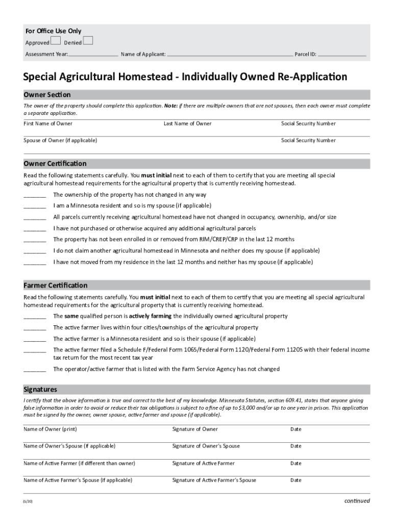 Fillable Online Special Agricultural Homestead Application - Entity ...