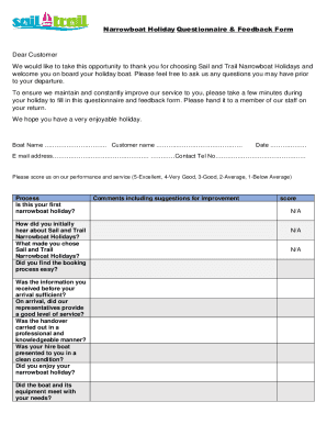 Fillable Online Narrowboat Holiday Questionnaire & Feedback Form Dear ...
