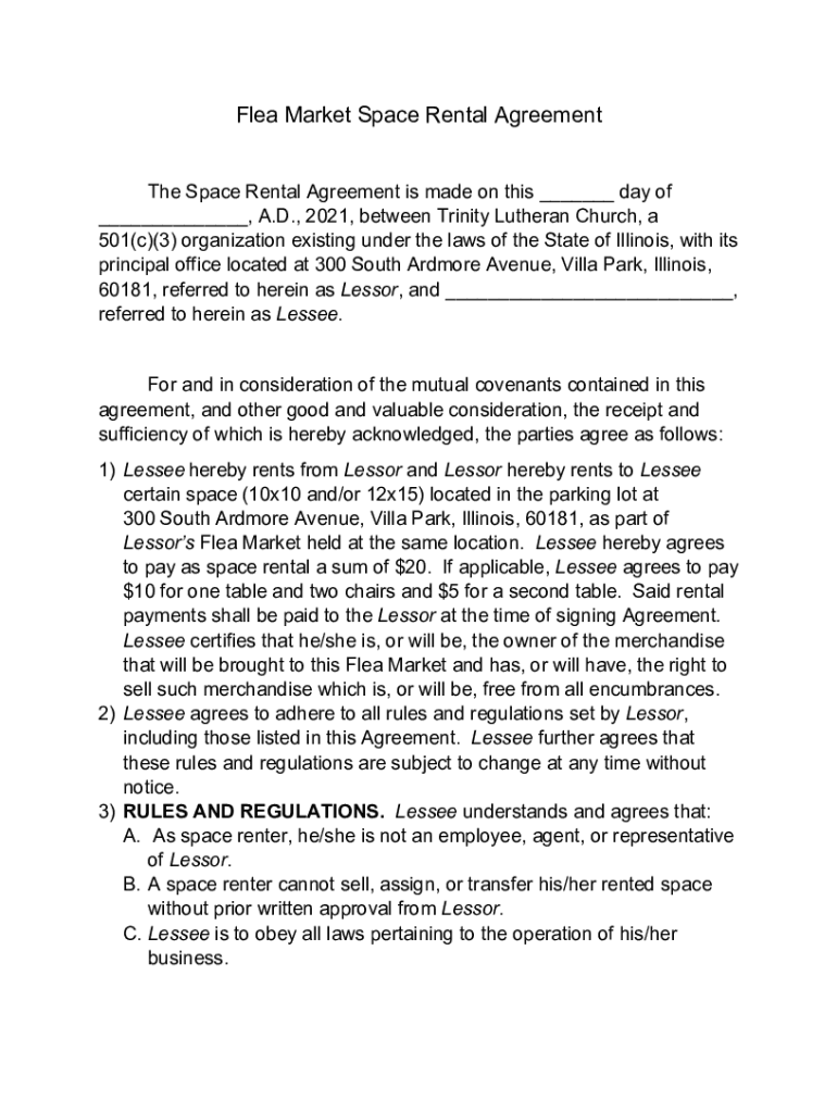 Fillable Online Flea Market Space Rental Agreement - Trinity Lutheran ...