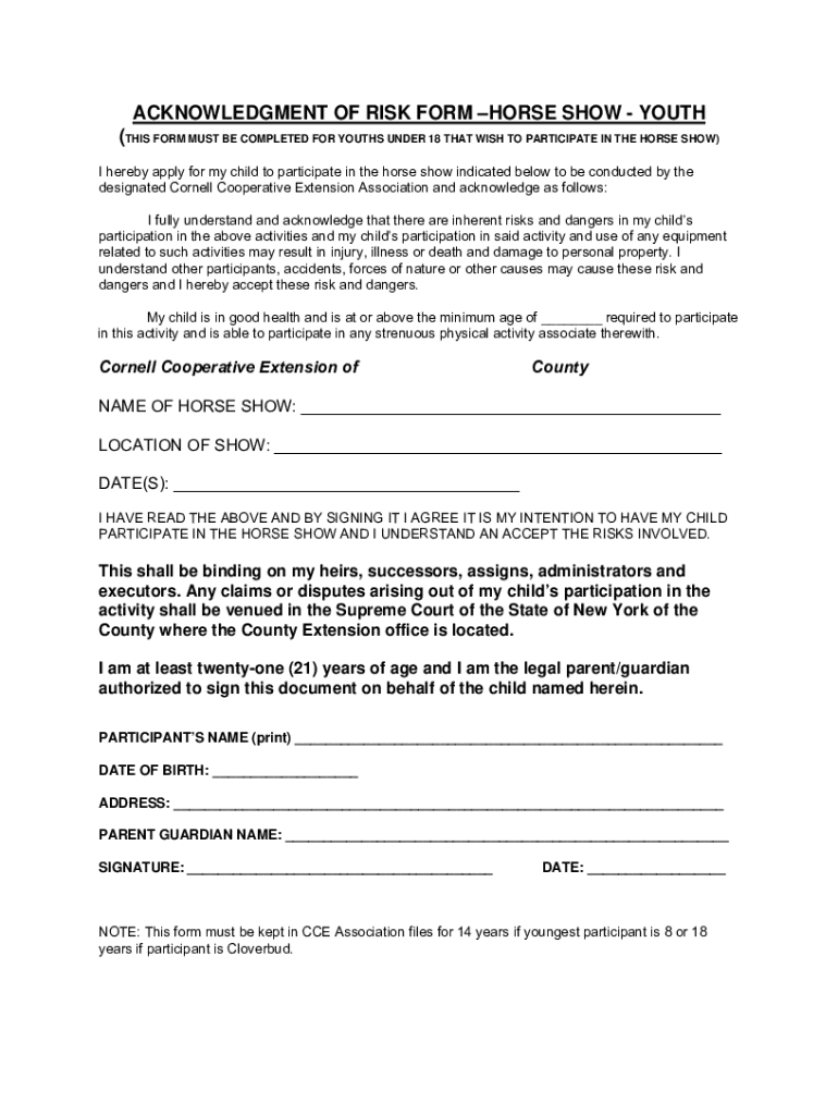 Fillable Online ACKNOWLEDGMENT OF RISK FORM HORSE SHOW - YOUTH Fax ...