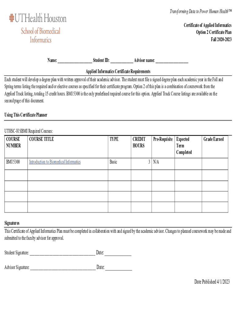 Fillable Online Health Informatics Certificate Course Requirements Fax ...