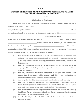 Fillable Online FORM - II IDENTITY CERTIFICATE AND NO OBJECTION ... Fax ...