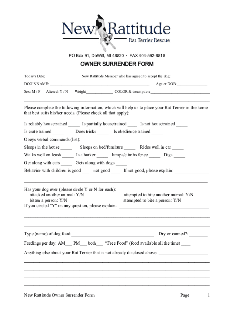 Fillable Online Owner Surrender form.doc Fax Email Print - pdfFiller