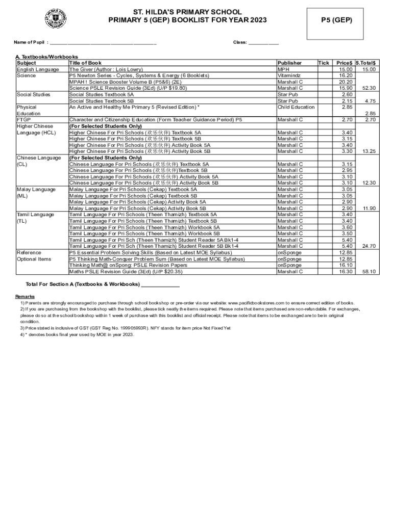 Fillable Online ST. HILDA'S PRIMARY SCHOOL PRIMARY 5 (GEP) BOOKLIST ...