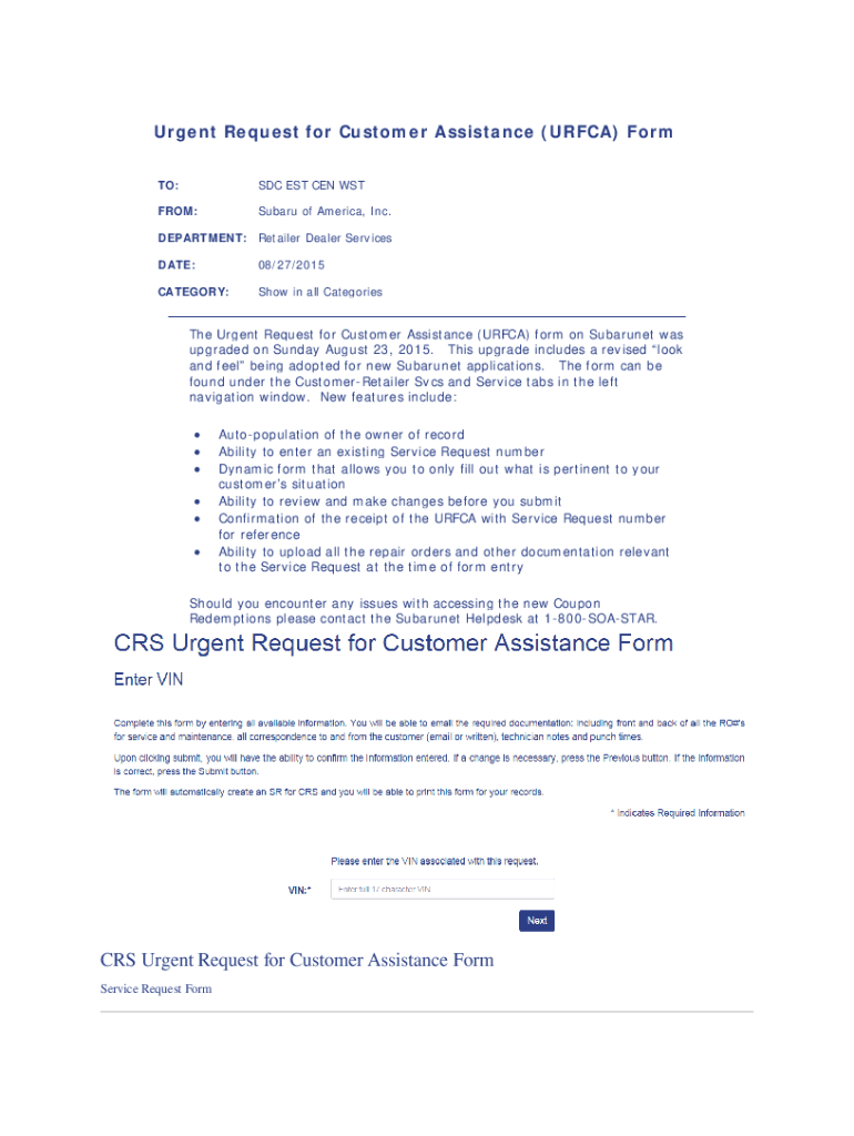 Fillable Online Urgent Request for Customer Assistance (URFCA) Form Fax ...