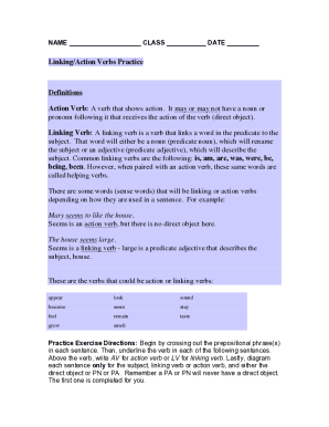 Fillable Online Action or Linking Verbs Worksheet Fax Email Print ...