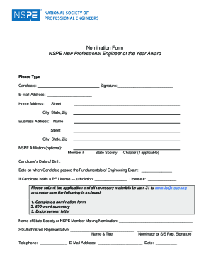 Fillable Online NSPE New Professional Engineer of the Year Award Fax ...