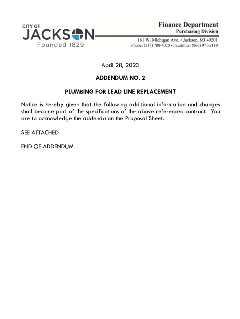 Fillable Online April 28, 2023 ADDENDUM NO. 2 PLUMBING FOR LEAD LINE ...