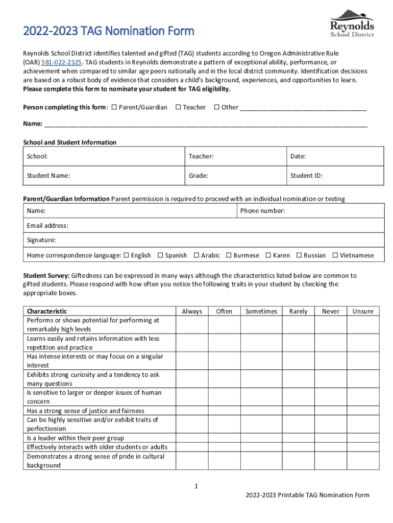 Fillable Online I want to nominate a student for TAG! (for parents, teachers ... Fax Email Print ...