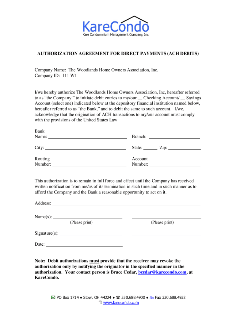 Fillable Online Authorization Agreement for Direct Payments (ACH DEBITS) Fax Email Print - pdfFiller