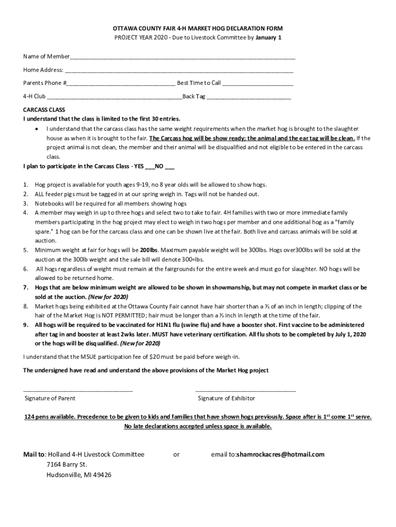 Fillable Online ottawa county fair 4-h market hog declaration form Fax ...