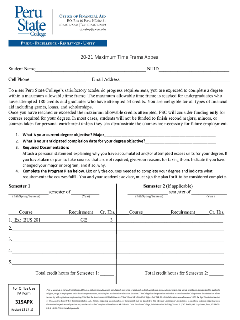 Fillable Online 20-21 Maximum Time Frame Appeal. Financial Aid Form Fax Email Print - pdfFiller