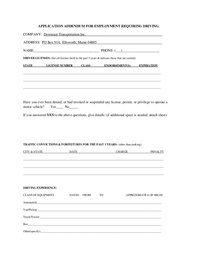 Fillable Online APPLICATION ADDENDUM FOR EMPLOYMENT REQUIRING ... Fax ...